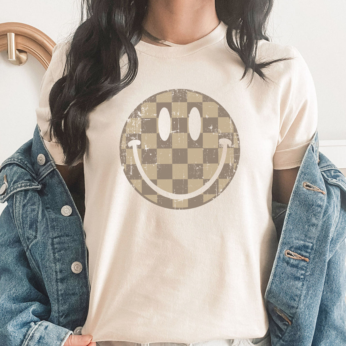 Tan Checkered Smiley Graphic Tee | Smiley | Happy Face | Checkered | D ...